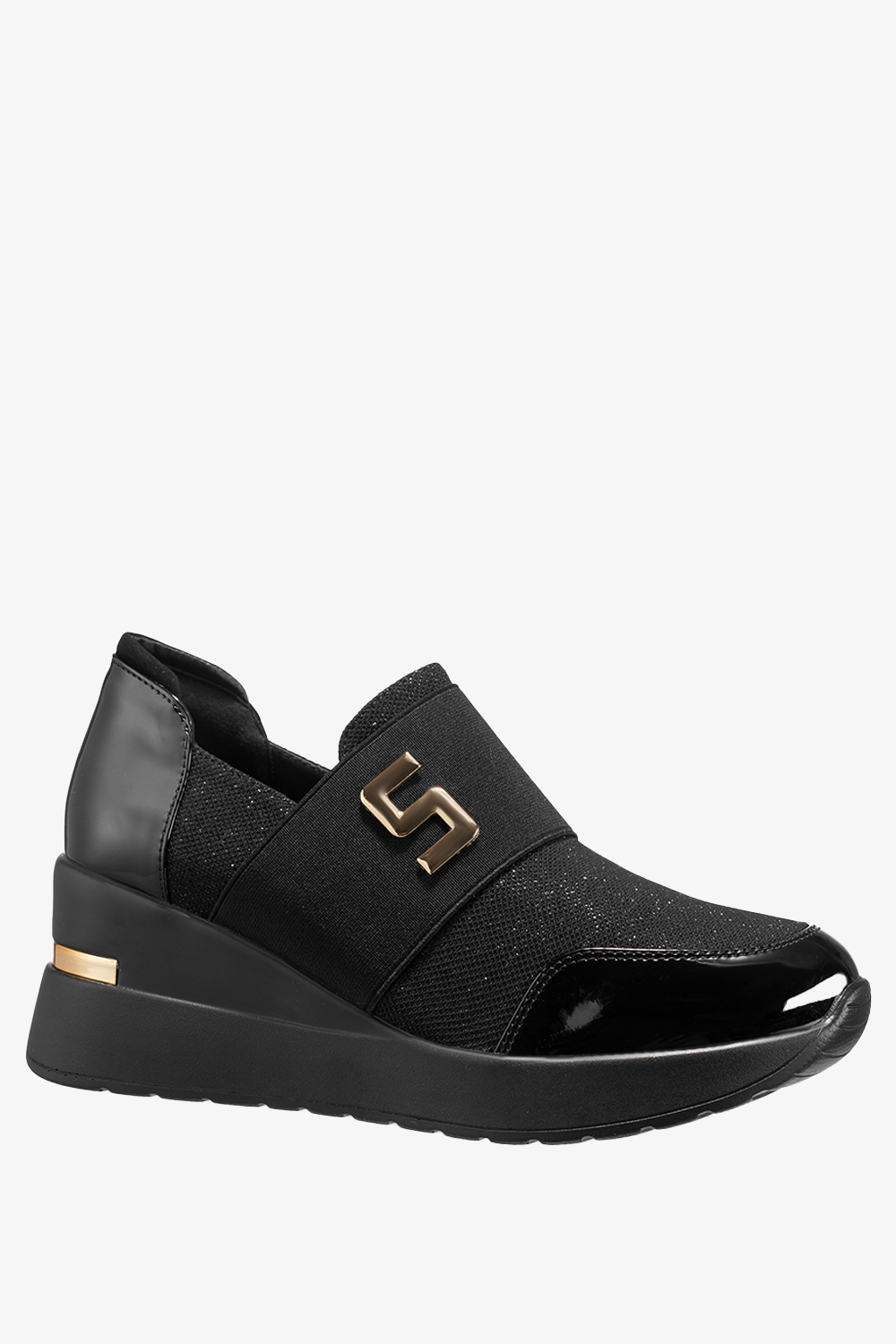 Czarne półbuty damskie sneakersy na koturnie ze złotą ozdobą Casu SA295 ...