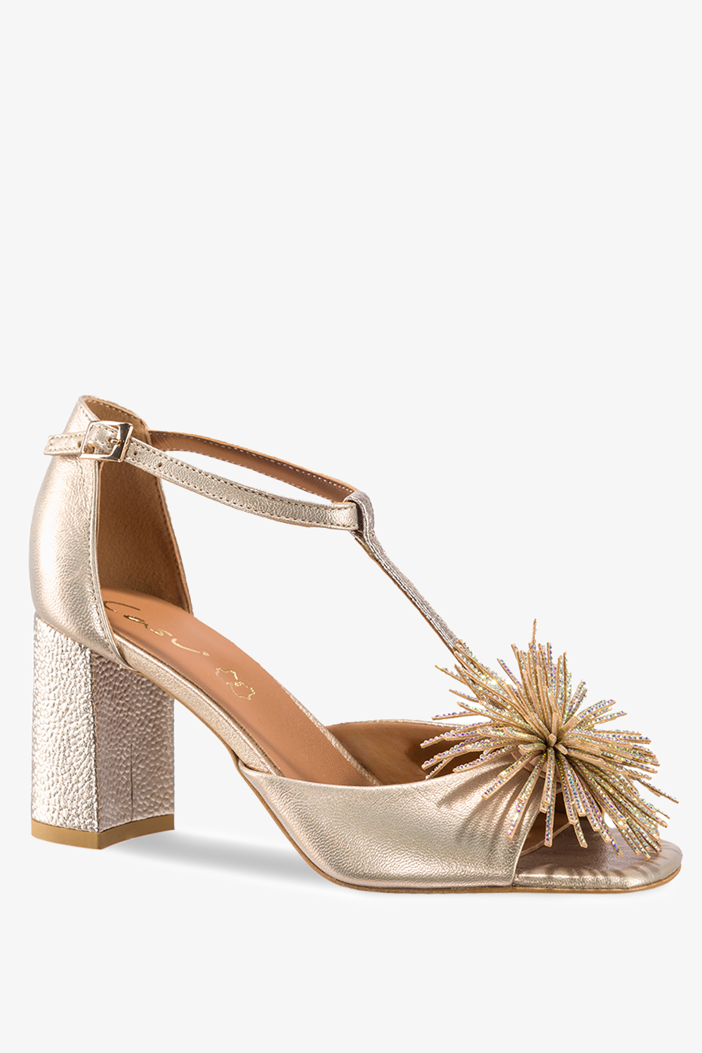 Złote sandały skórzane damskie na słupku t-bar z zakrytą piętą ozdoba z ...